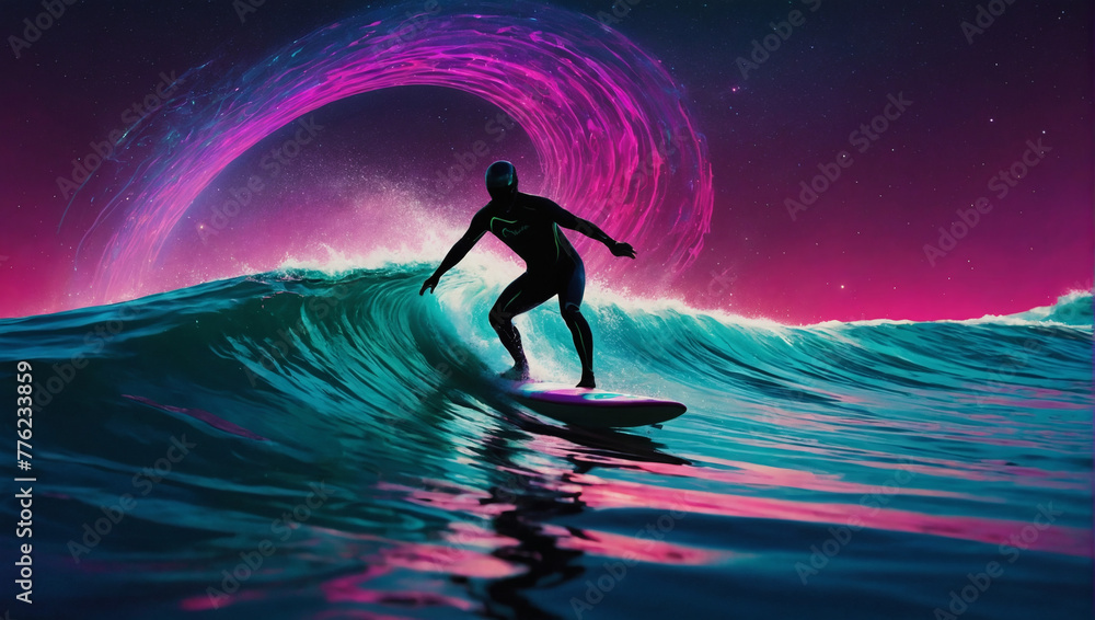 A shimmering synthwave lustrous pulsar surfer glides effortlessly ...