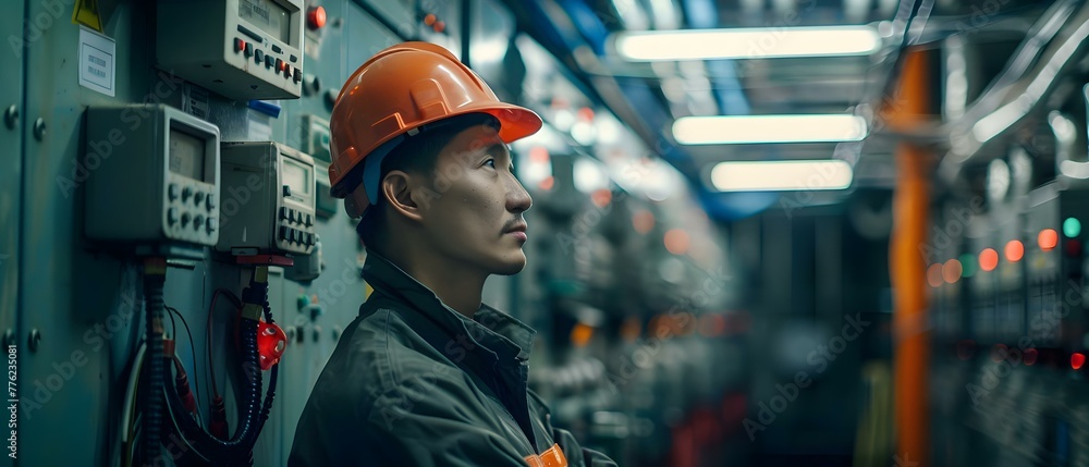Engineer measuring electric current with multimeter at circuit breaker ...