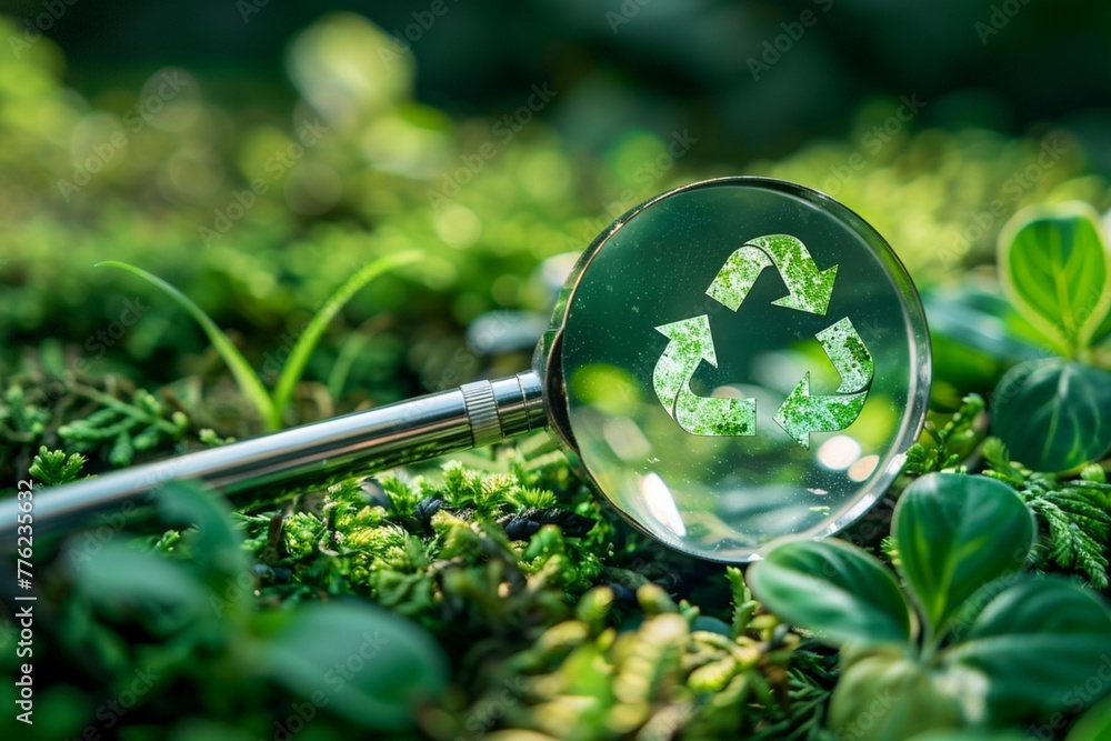 Magnifying glass with reduce CO2 emissions carbon symbol on green ...
