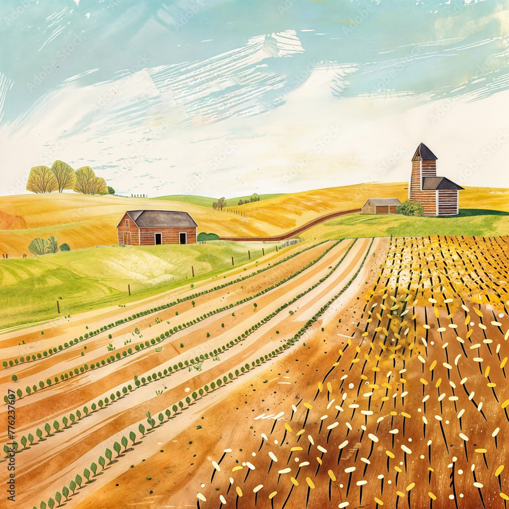 Pastoral Paradise, Watercolor Windmill Amidst Sun-Kissed Fields ...
