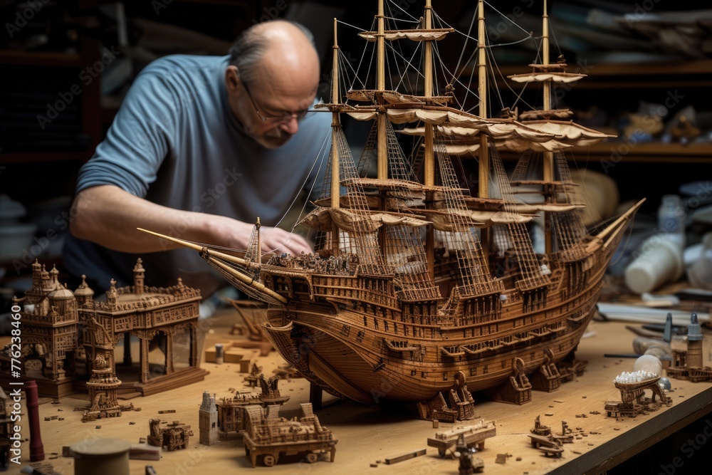 Construction model ship, The construction of an intricate model ship ...