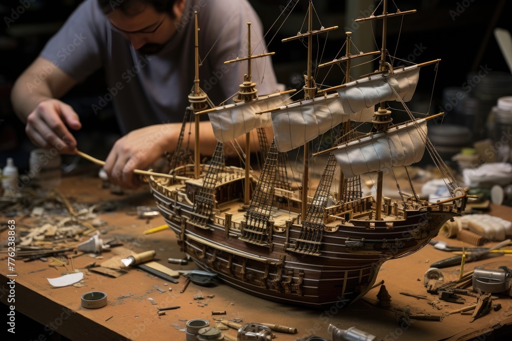 Construction model ship, The construction of an intricate model ship ...