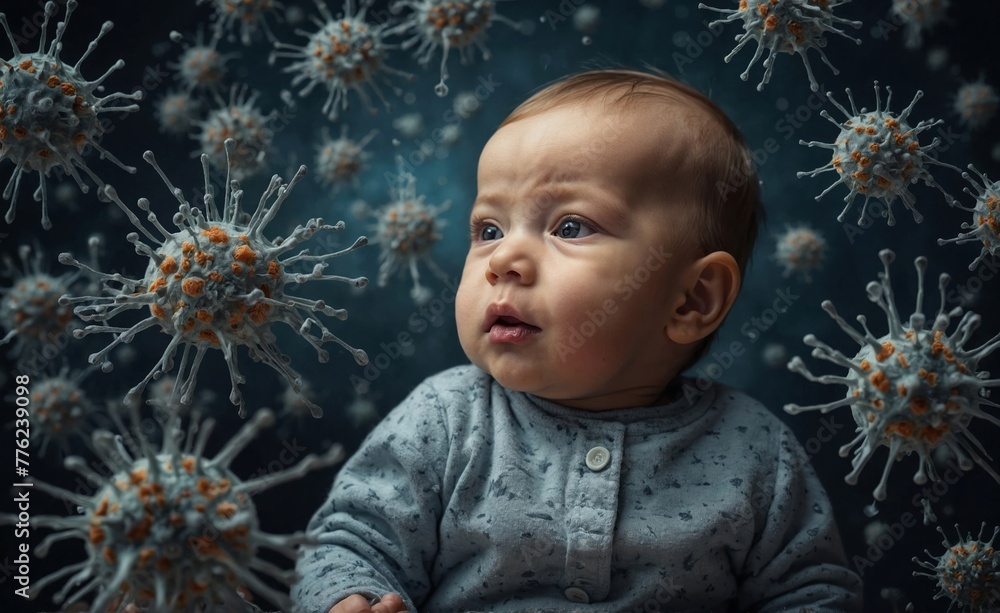 Little baby among viruses. Virus and bacterial diseases spreading among ...