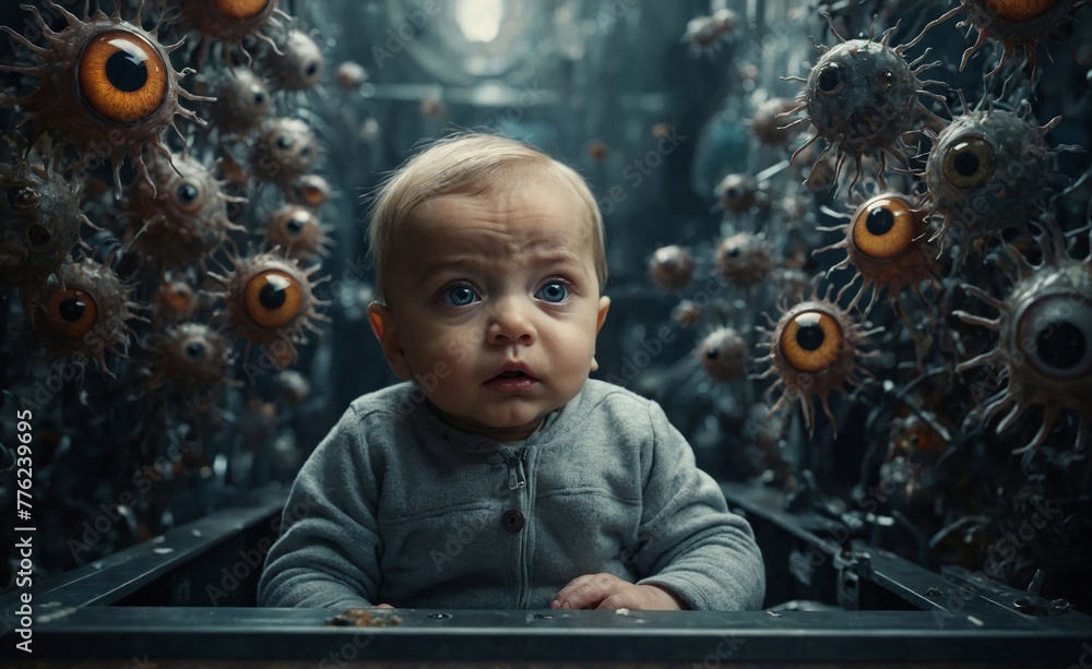 Little baby among viruses. Virus and bacterial diseases spreading among ...