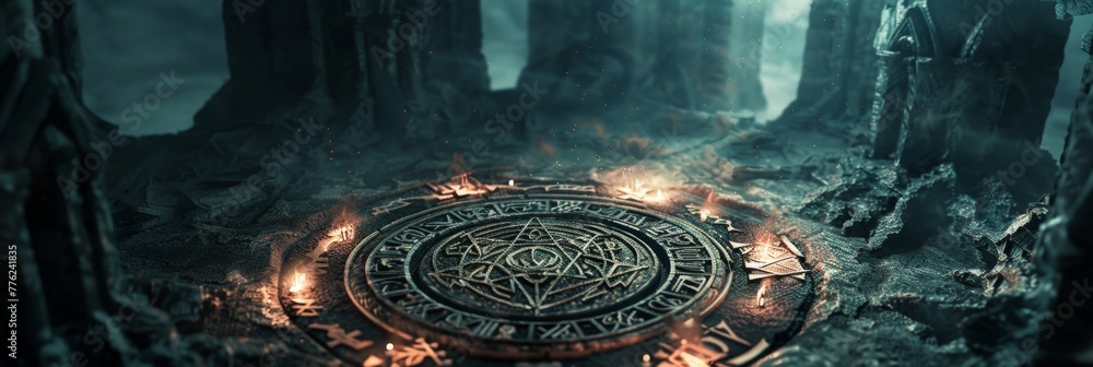An occult-themed 3D background, rich with arcane symbols and hidden ...
