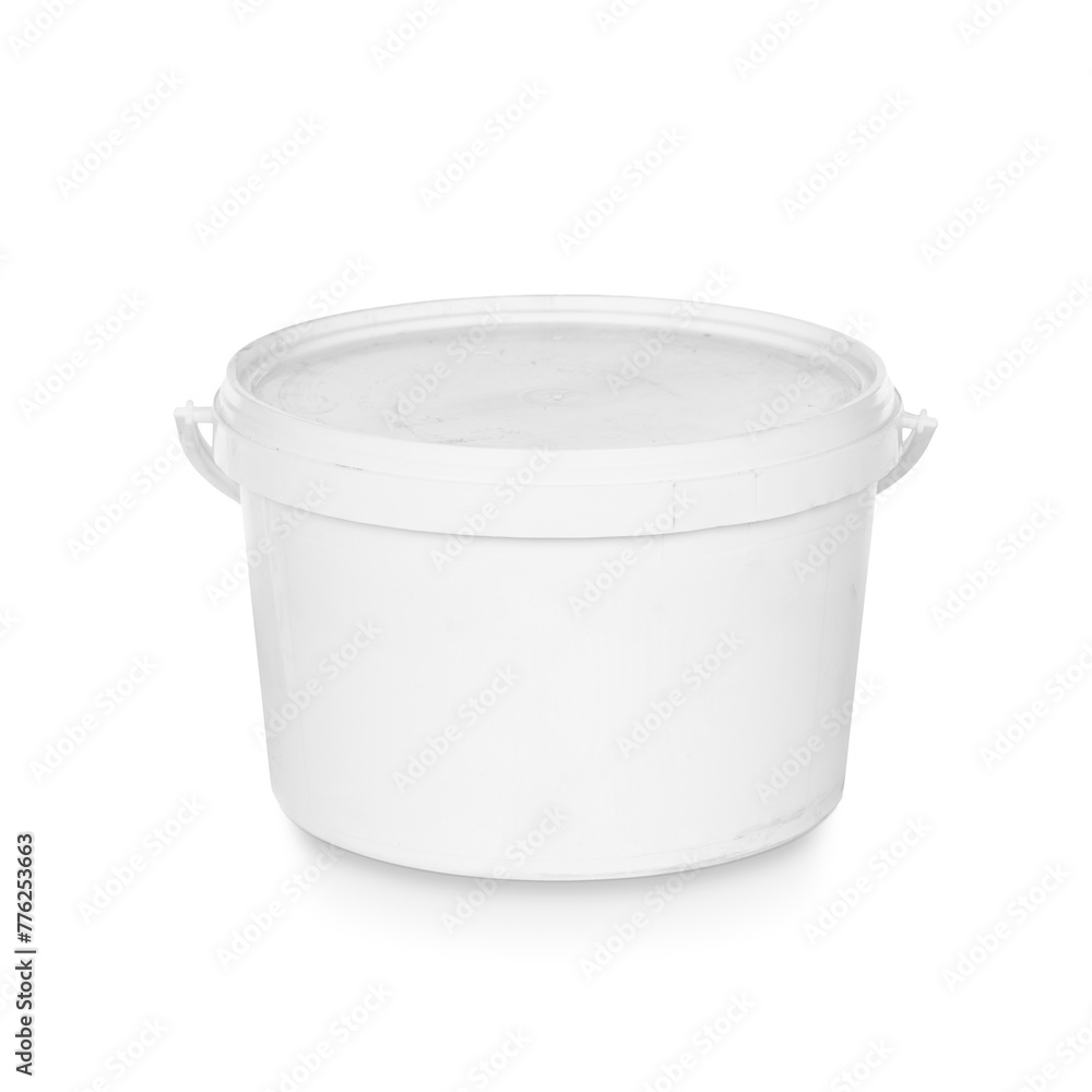 White plastic bucket with lid on transparent background. Empty ...