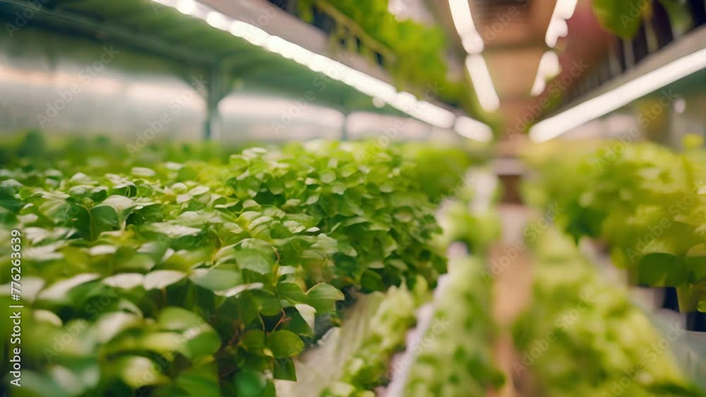 Hydroponic farm growing fresh leafy greens indoors. Rows of plants ...