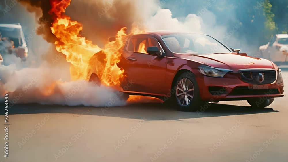 Vidéo Stock Car engulfed in flames on a busy street. Emergency ...