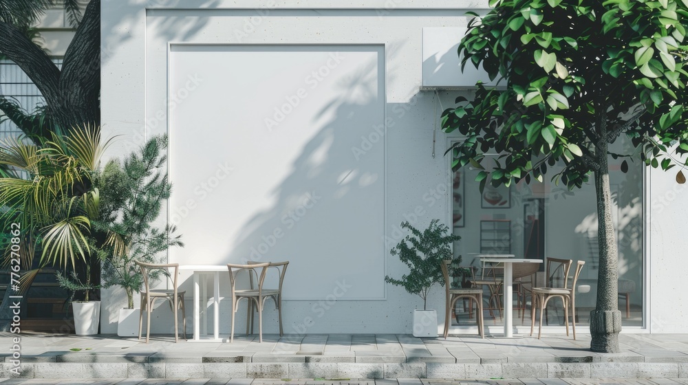 Street-facing blank display window nestled between urban greenery and a ...