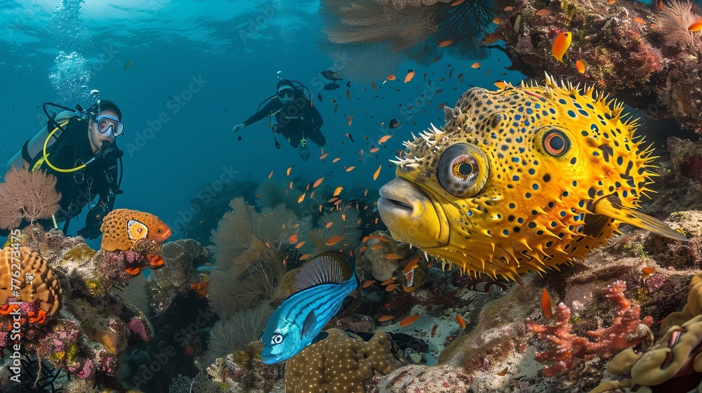 Scuba divers explore an underwater coral reef, where a yellow and blue ...