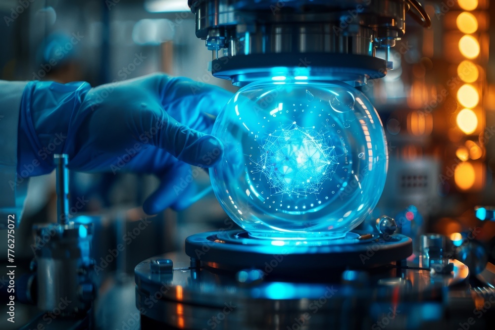 Scientists activating quantum teleportation device, vibrant blue light ...