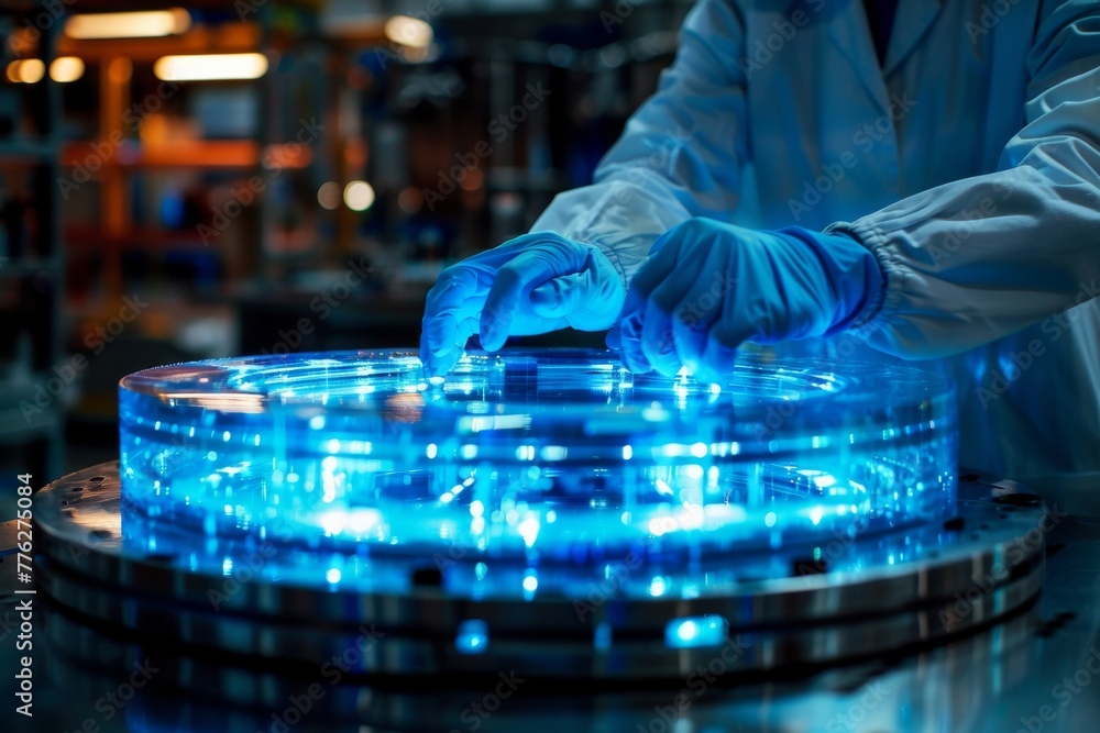 Scientists activating quantum teleportation device, vibrant blue light ...