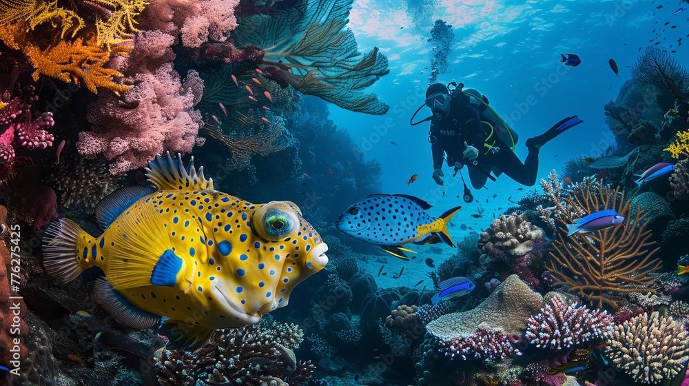 Scuba divers explore an underwater coral reef, where a yellow and blue ...