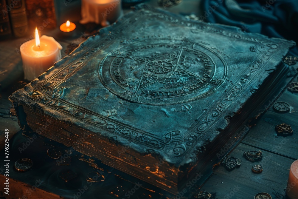 Ancient necromancers grimoire open on an altar, candlelight, top down ...
