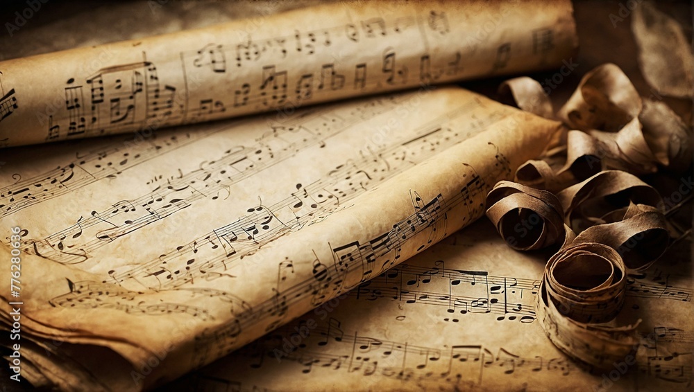 An assortment of aged sheet music with visible musical notes that evoke ...