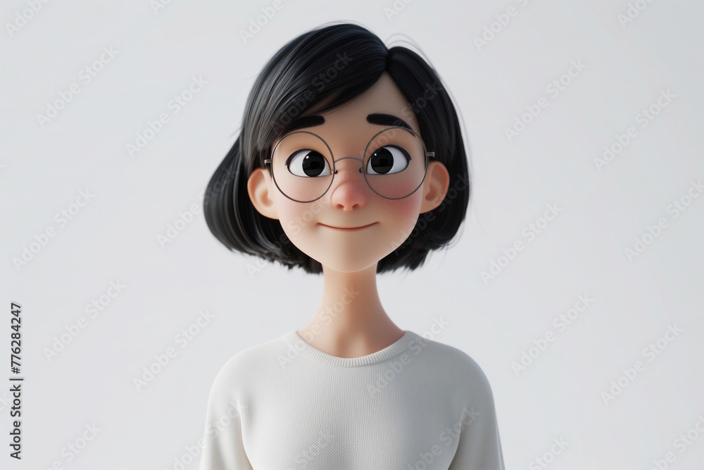 Smiling Asian cartoon character young woman female person with short ...