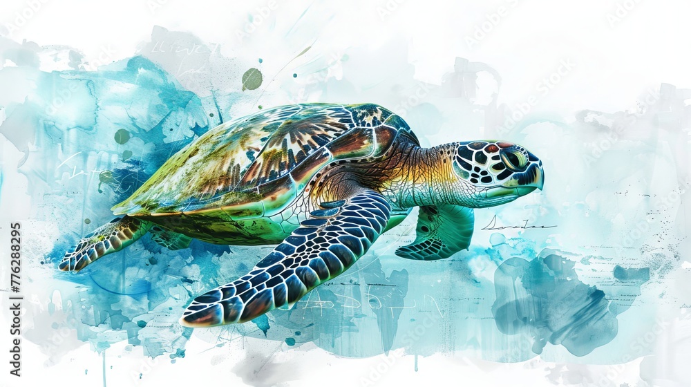 Watercolor painting of a sea turtle with an ocean scene, on a white ...