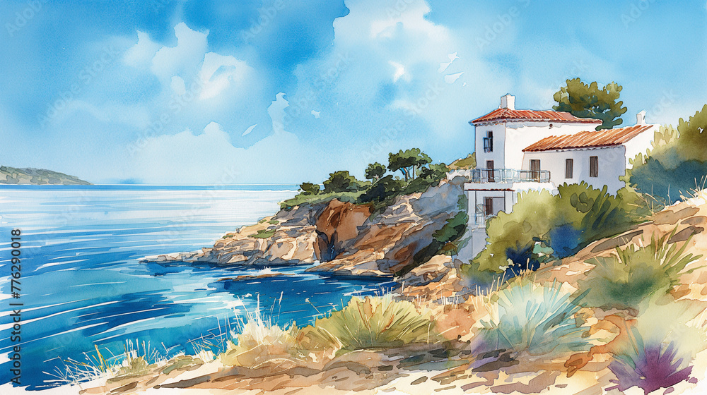 watercolor drawing of the Mediterranean coast and a white traditional ...