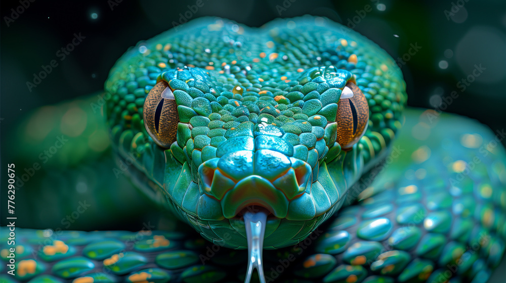 Emerald Gaze. A close-up of a green python with vibrant scales, its ... Emerald Gaze. A close-up of a green python with vibrant scales, its ...