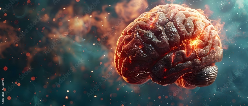 3D conceptual image of human brain with traumatic injury text overlay ...