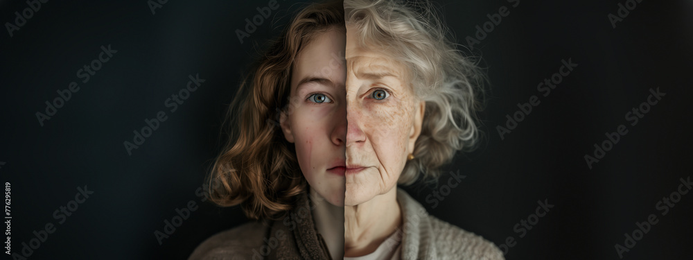 Two halves of different women's faces combined to represent aging, with ...