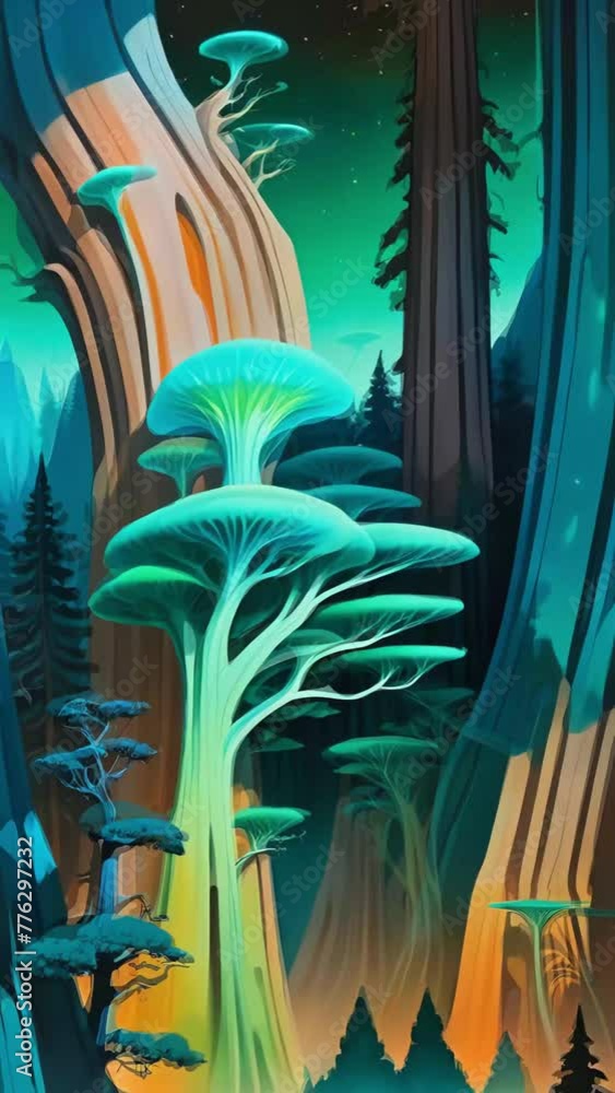 alien landscape, Bioluminescent rivers weaving through lush valleys ...