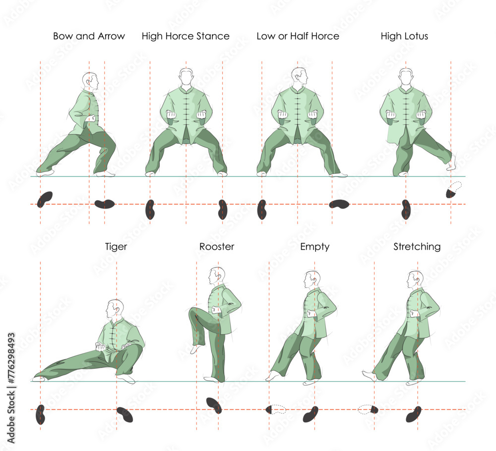 Tai Chi stances. 8 Basic Stances Vector Illustration. The bow and arrow ...