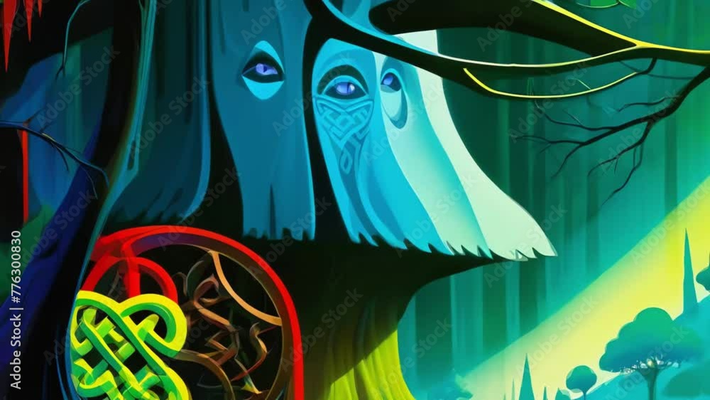 neon style, magical druid forest at night, glowing Celtic knots, lush ...