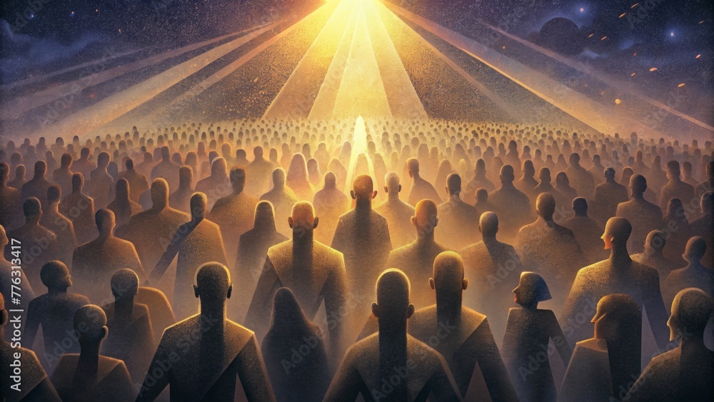 A sea of silhouetted figures standing in a beam of sunlight creating a ...