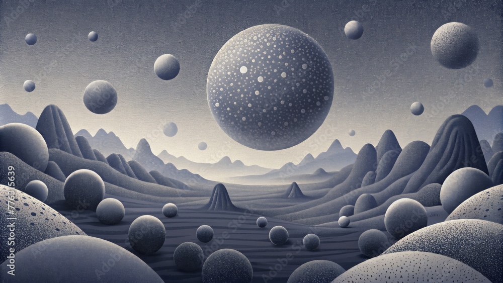 A monochromatic arrangement of dots each arranged in various sizes and ...