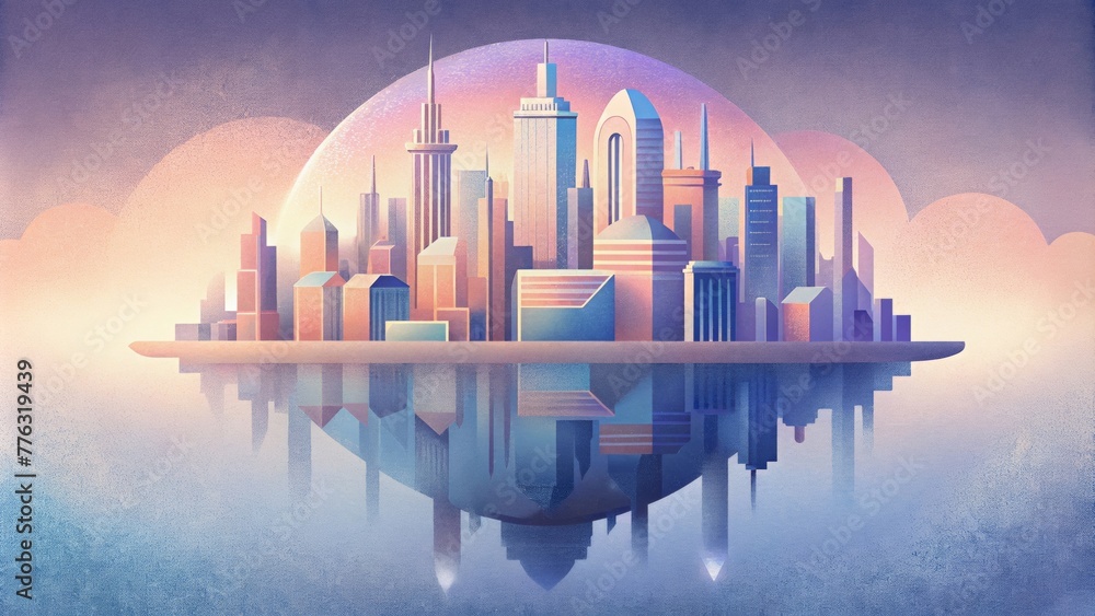 A surreal representation of a city skyline with inverted and ...