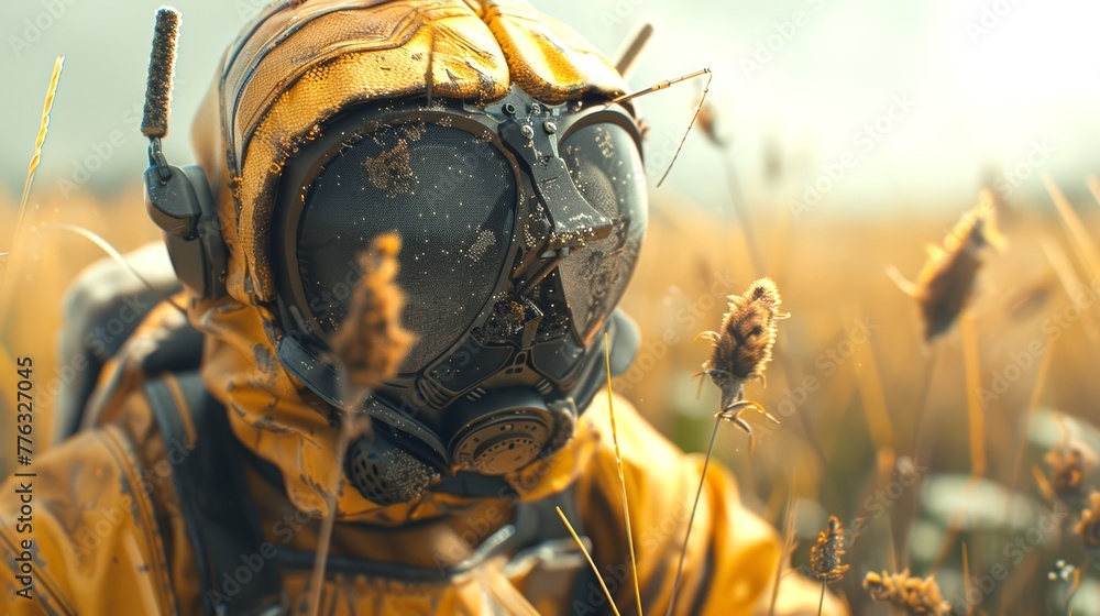 Futuristic beekeeper in a high-tech suit among goldenrod flowers ...