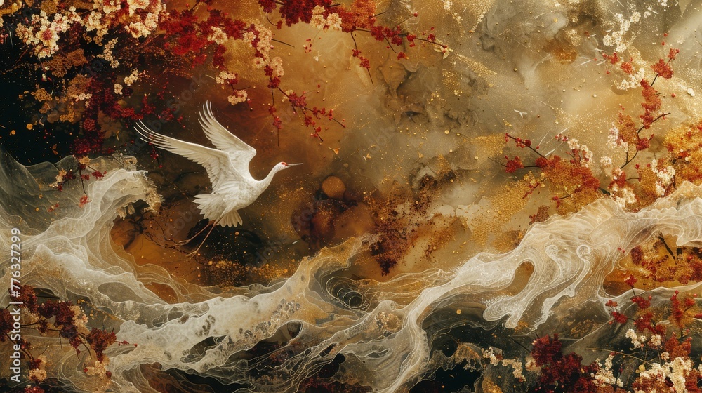 Epic panorama of a majestic white crane in flight, captured in a super ...