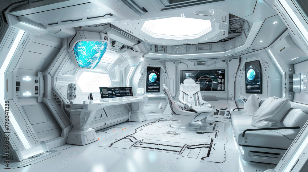Spaceship cabin interior, futuristic cockpit with computer screens and ...