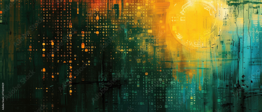Painting with digital data pattern, abstract code information ...