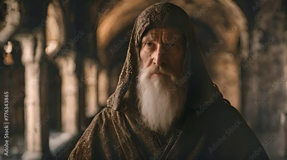 An old monk with a beard, shown close-up against the background of the ...