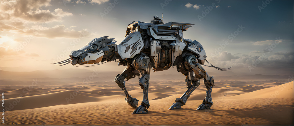 Animal robot walking through desert. A futuristic landscape with a ...