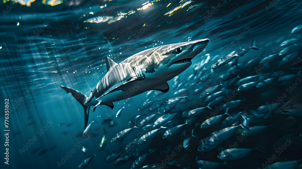 An agile mako shark darting through a school of shimmering fish, its ...