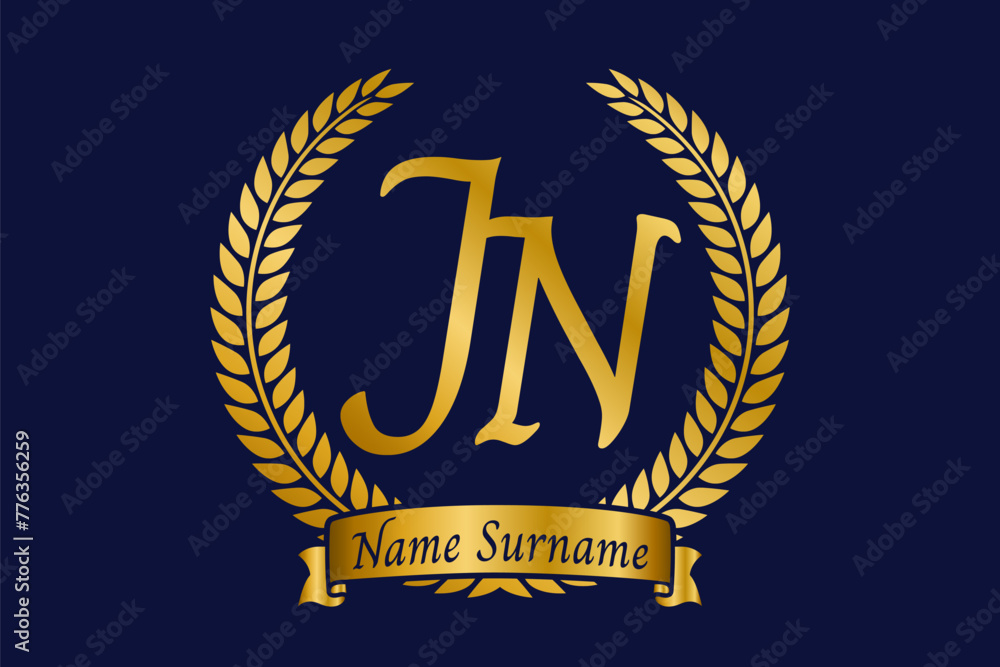 Initial letter J and N, JN monogram logo design with laurel wreath ...