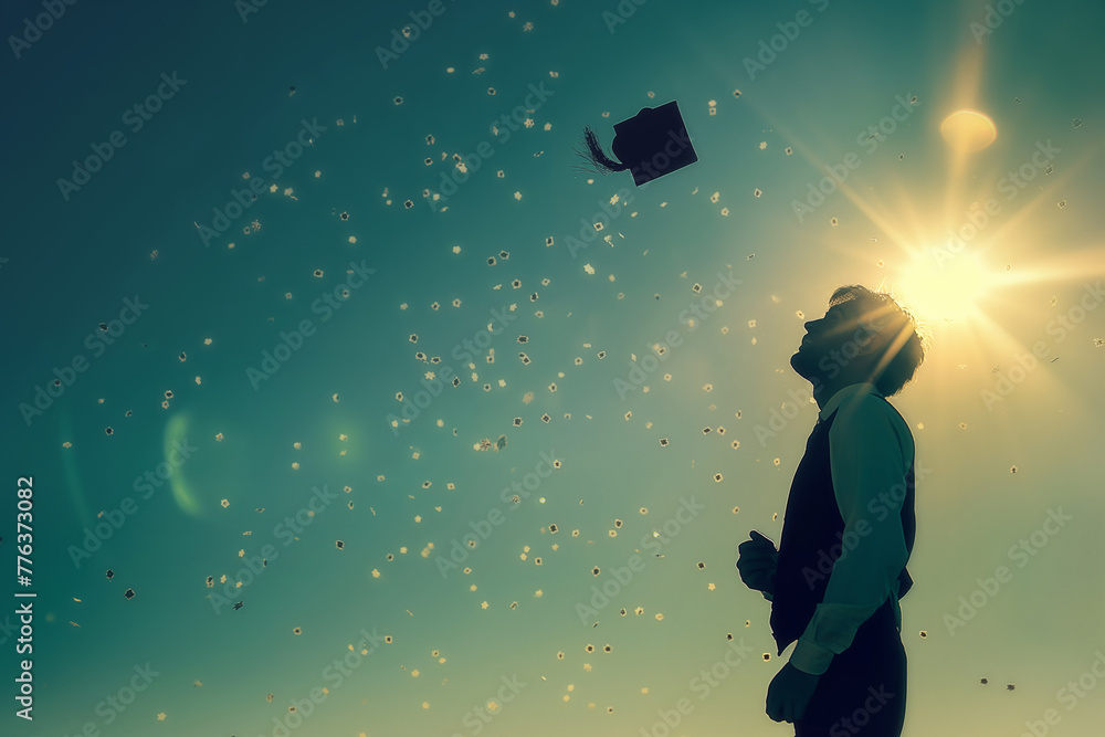 Silhouette of graduate tossing cap into air, sunburst and confetti ...