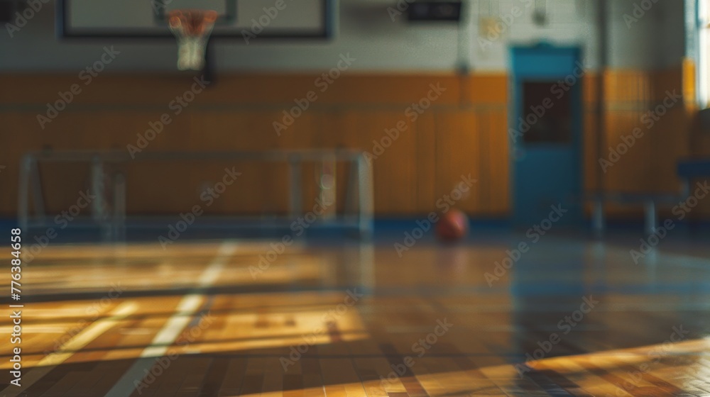 Empty school gym backdrop, out of focus. Blurred unlit indoor ...