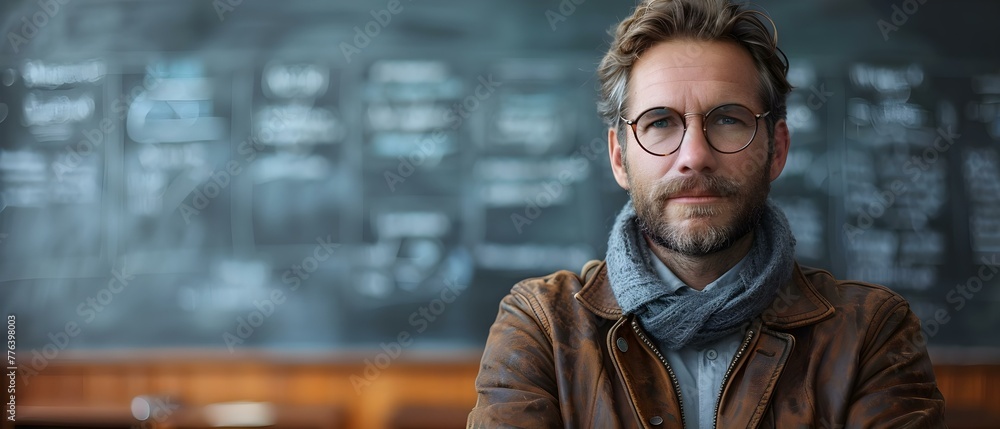 Male teacher in front of chalkboard in classroom setting. Concept ...