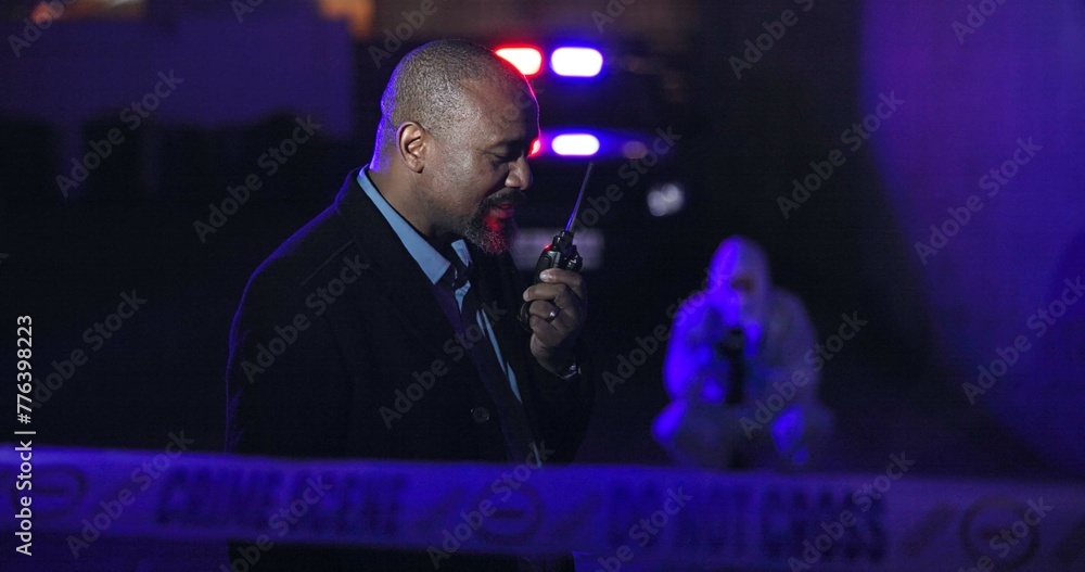 Police, man and radio for talking at crime scene, investigation or ...