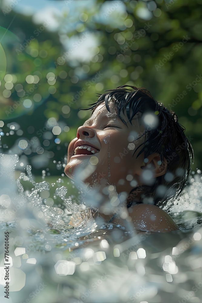 A child's pure joy splashing in the river, their laughter echoing ...