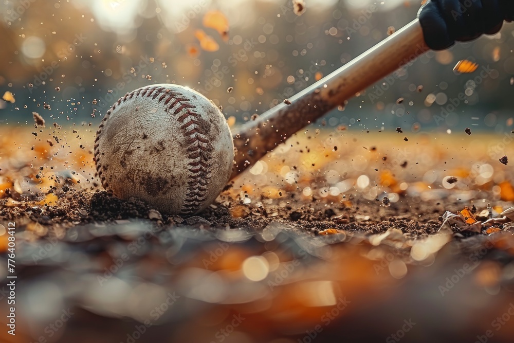 An action-packed close-up of a baseball and bat on the infield dirt ...