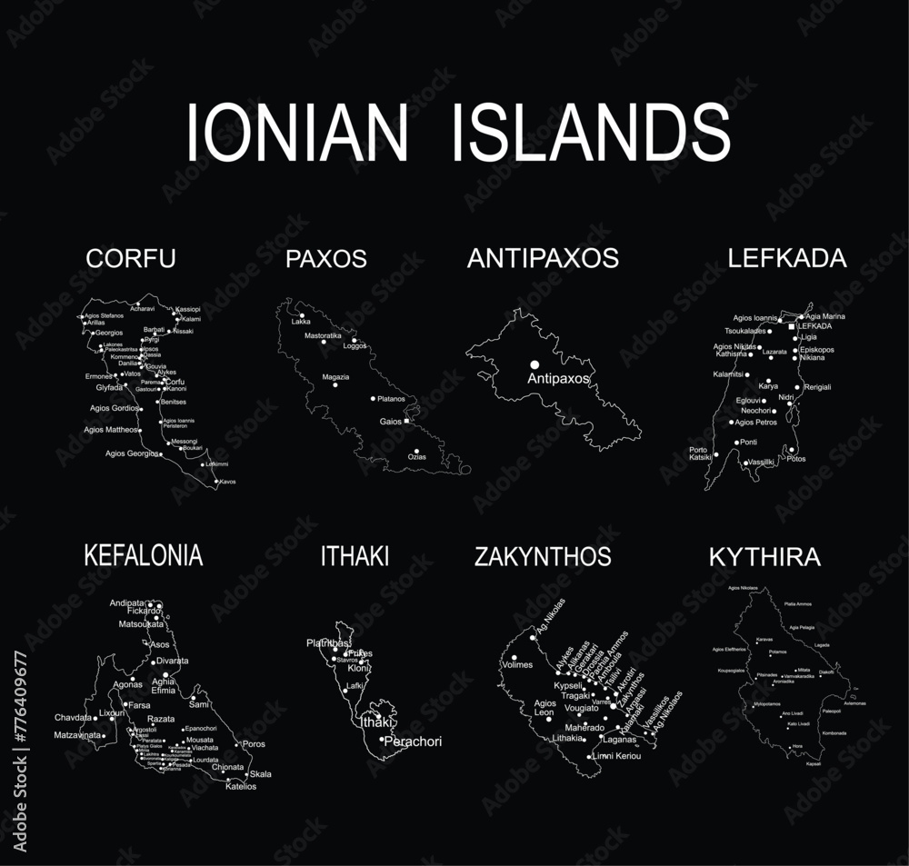 Ionian islands set vector silhouette illustration isolated. Corfu map Paxos, Antipaxos, Lefkada ...