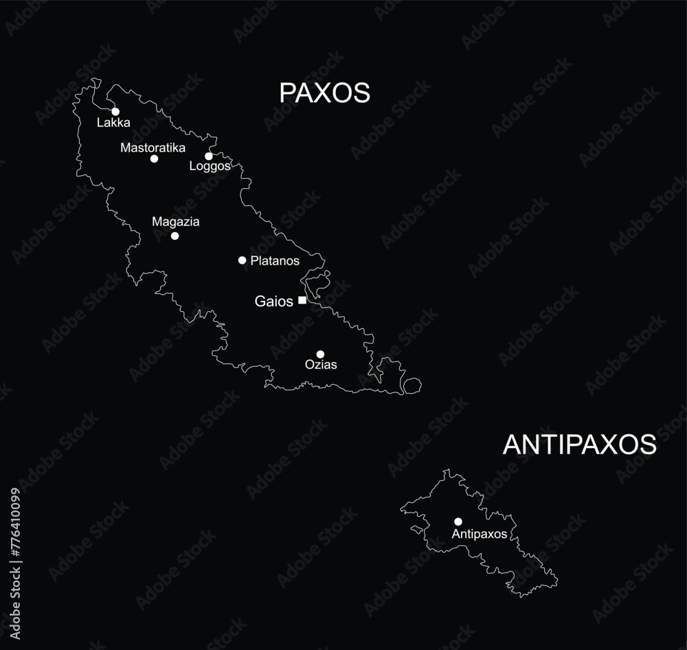 Greek Ionian islands Paxos map line contour and Antipaxos map contour ...