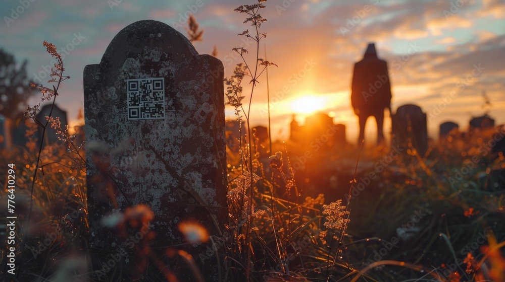 A granite tombstone adorned with a QR code sticker at its heart. A ...