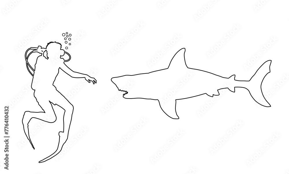 Line contour diver observing a great white shark vector silhouette ...