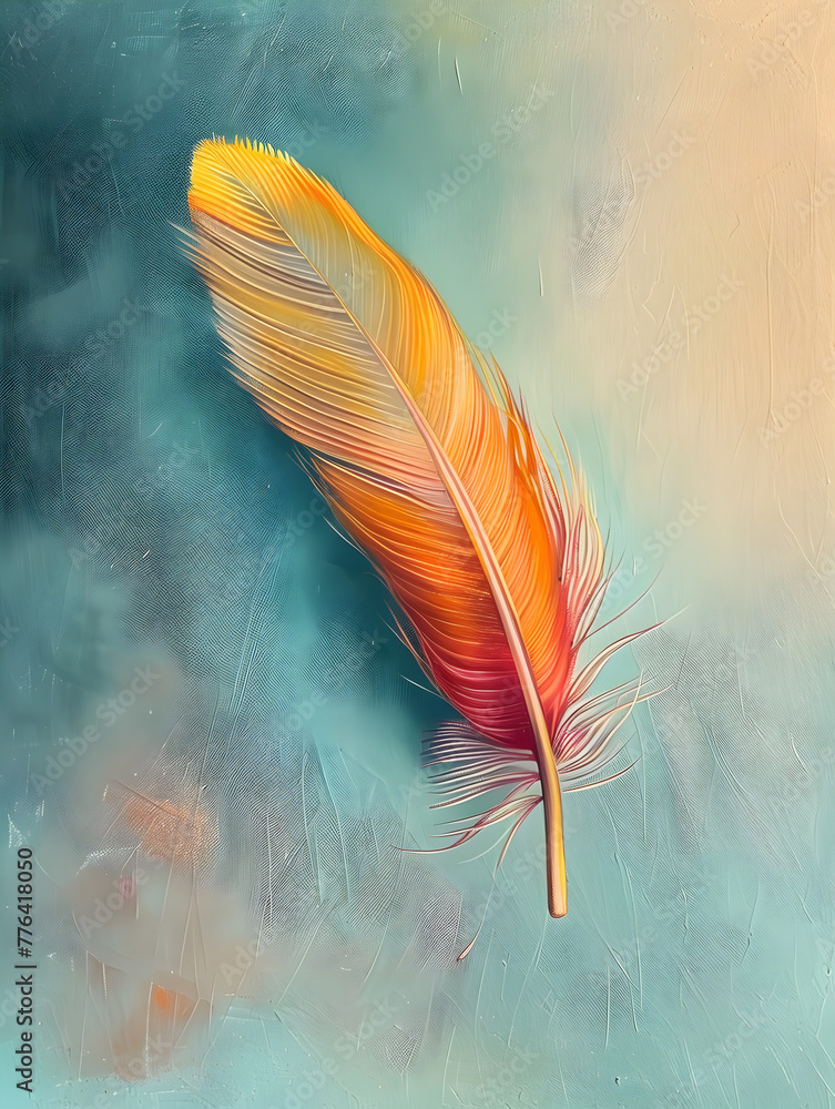 A feather is painted on a blue background. The feather is orange and ...